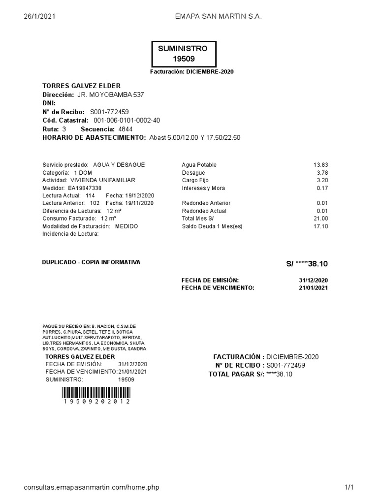 Emapa San Martin S.A - Recibo Karen | PDF