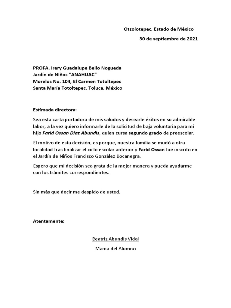 Carta de Baja Escolar | PDF