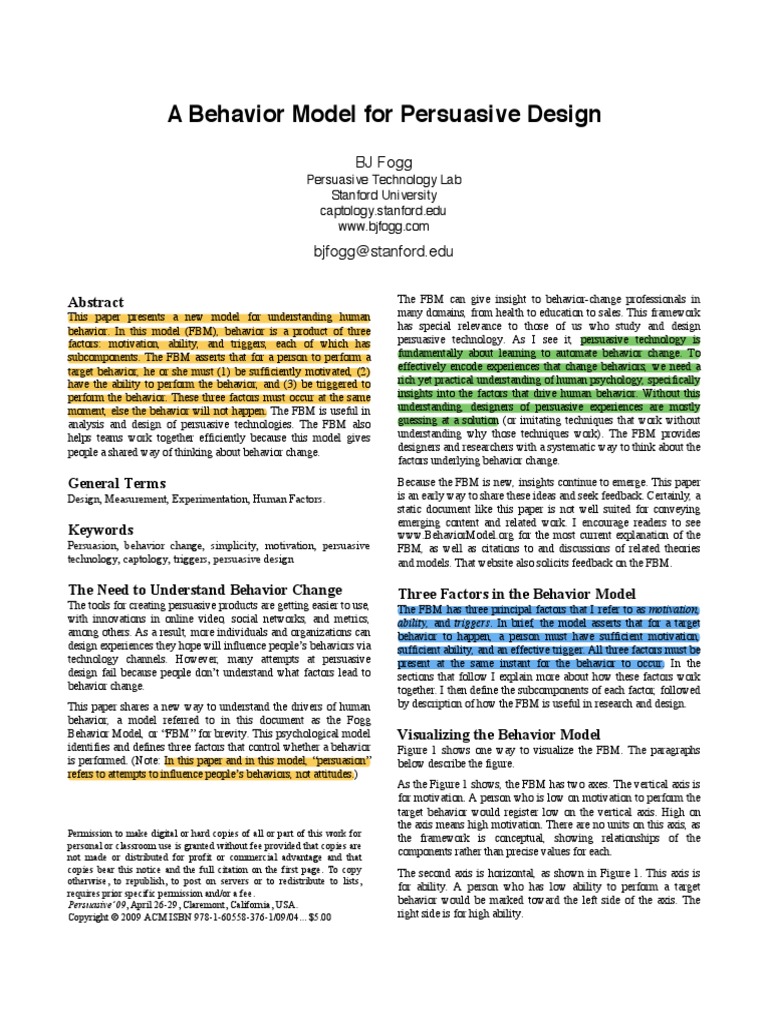 A Behavior Model For Persuasive Design by BJ Fogg (2009) - Highlighted ...