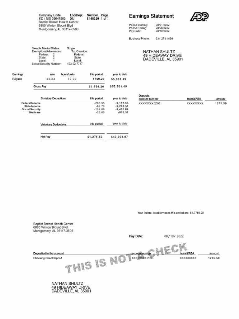 Nathan Shultz Adp Earnings Statement | PDF