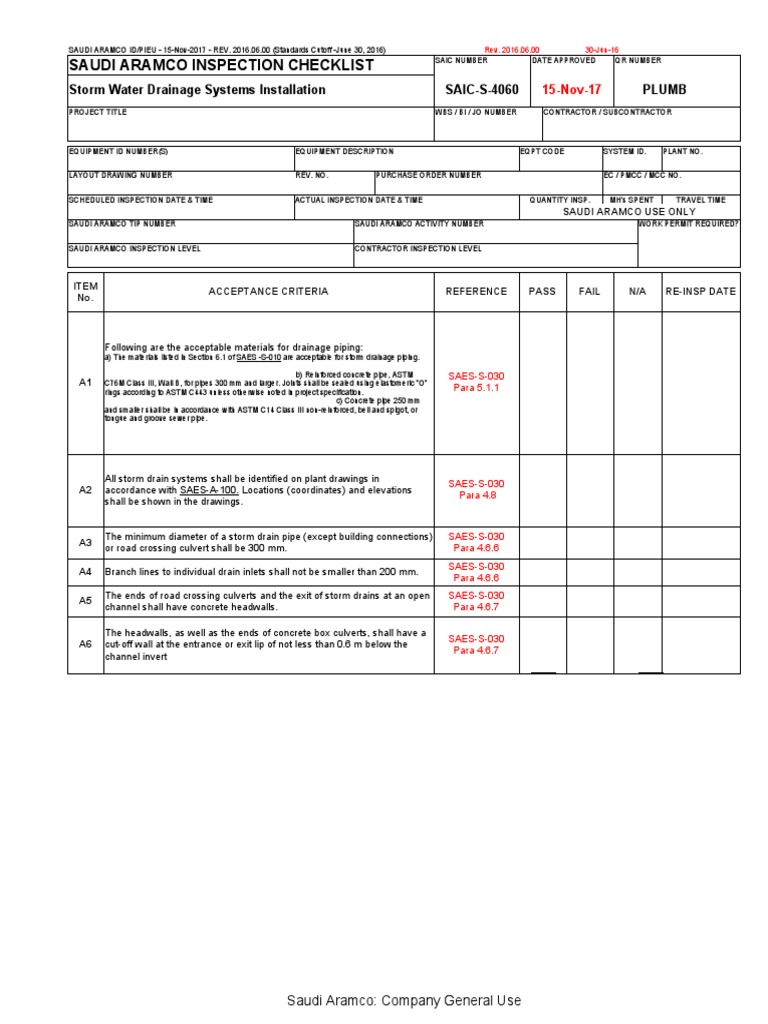 Saudi Aramco Inspection Checklist: Storm Water Drainage Systems ...