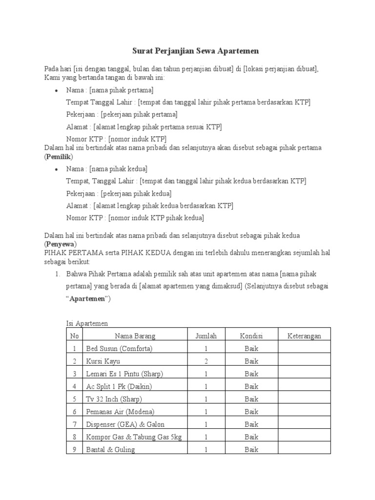 Surat Perjanjian Sewa Apartemen Pdf
