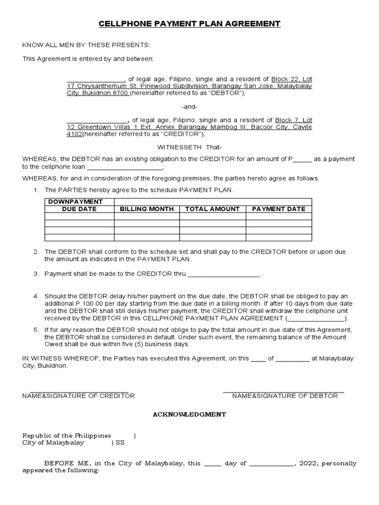 Cellphone Payment Plan Agreement | PDF | Debtor | Payments