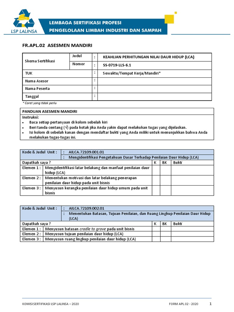 Keahlian Lca Apl.02 Asesmen Mandiri | PDF