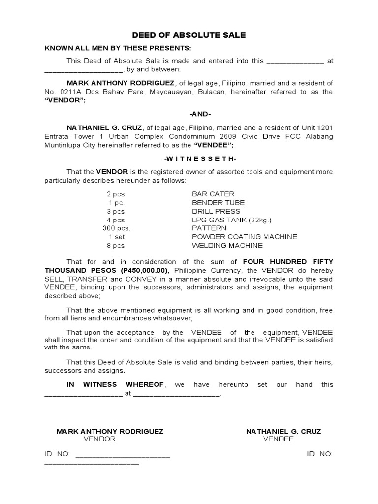 DEED OF ABSOLUTE SALE Equipments | PDF | Deed | Law And Economics