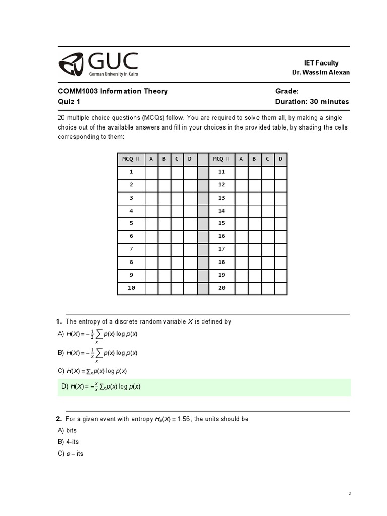 COMM1003 Information Theory Grade: Quiz 1 Duration: 30 Minutes | PDF ...
