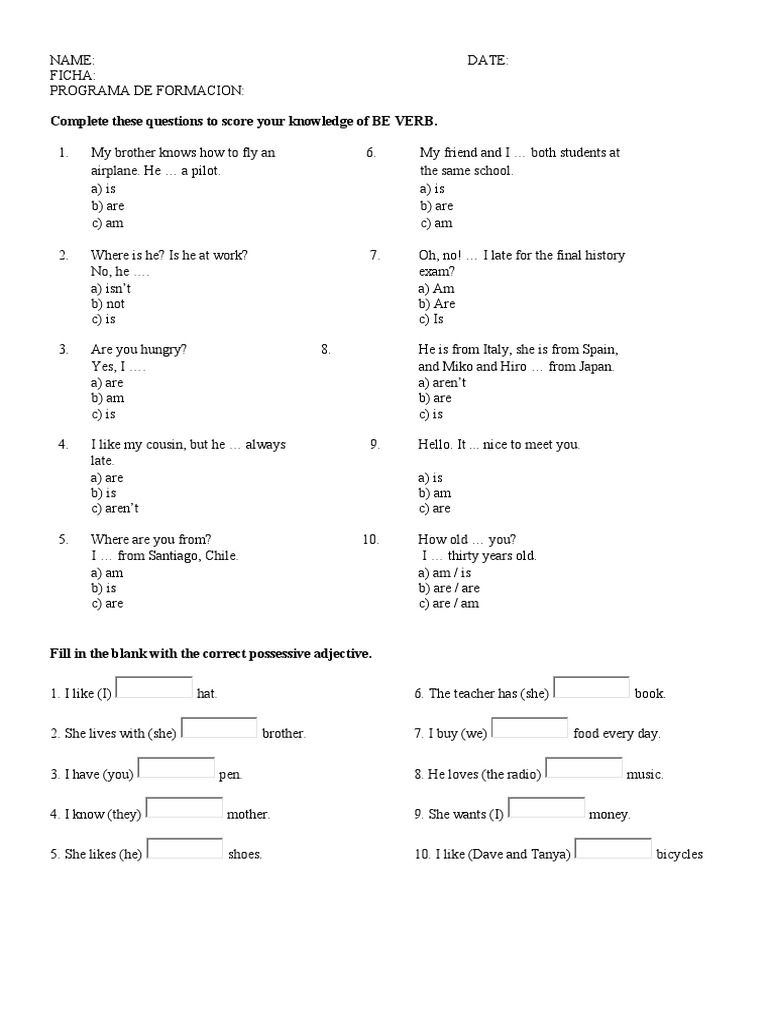 Complete These Questions To Score Your Knowledge of BE VERB | PDF ...
