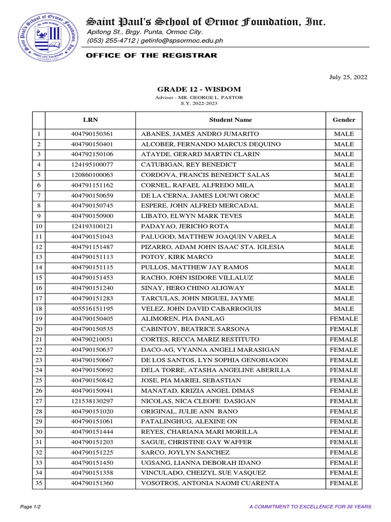 G11 - Wisdom List of Students | PDF