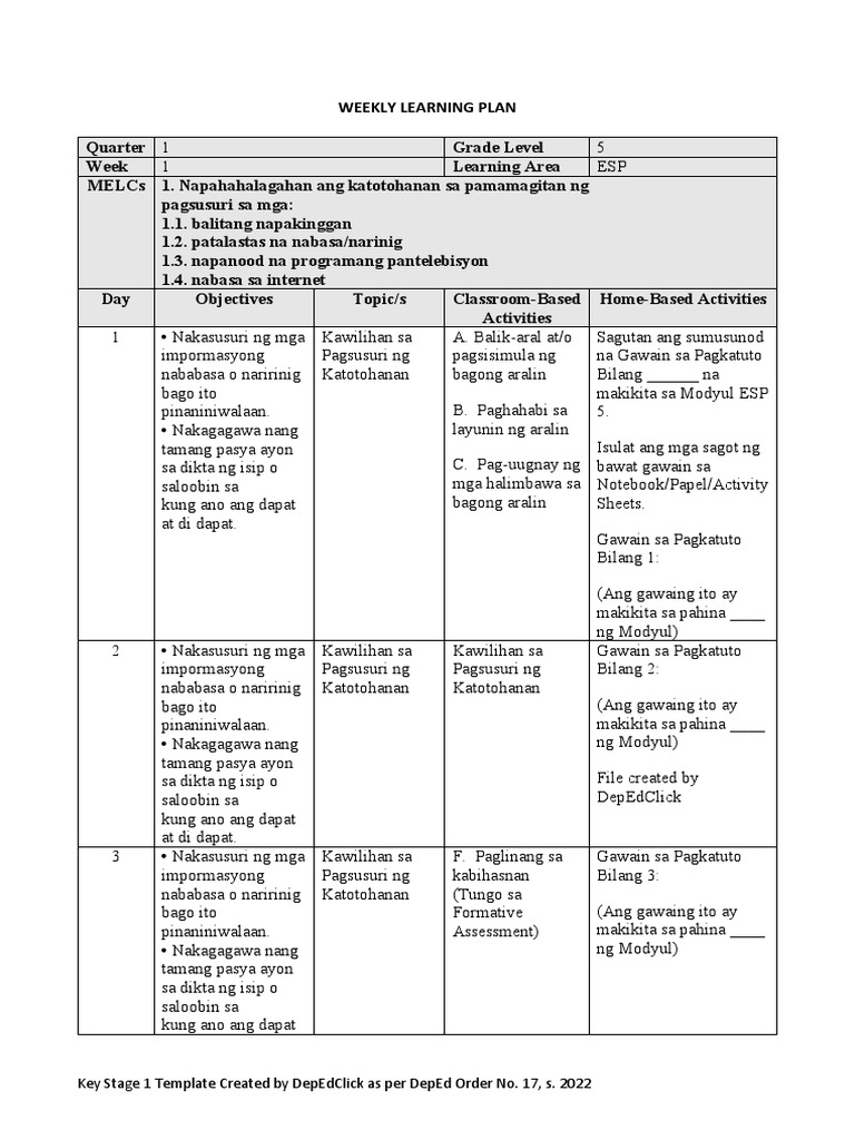 Key Stage 1 Template Created by Depedclick As Per Deped Order No. 17, S ...