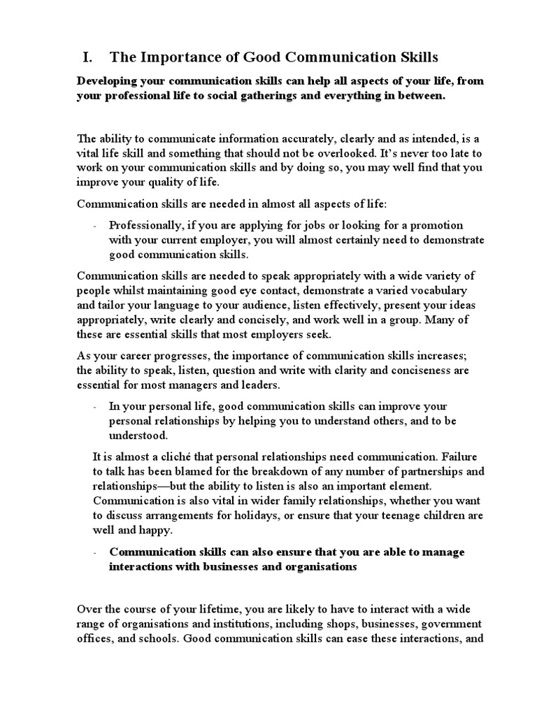 I. The Importance of Good Communication Skills | PDF | Communication ...