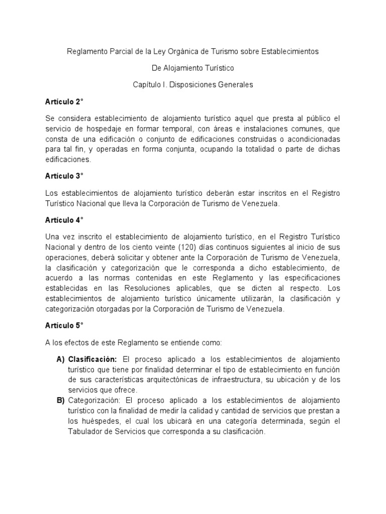 Reglamento Parcial de La Ley Orgánica de Turismo Sobre Establecimientos | PDF | Turismo | Hotel