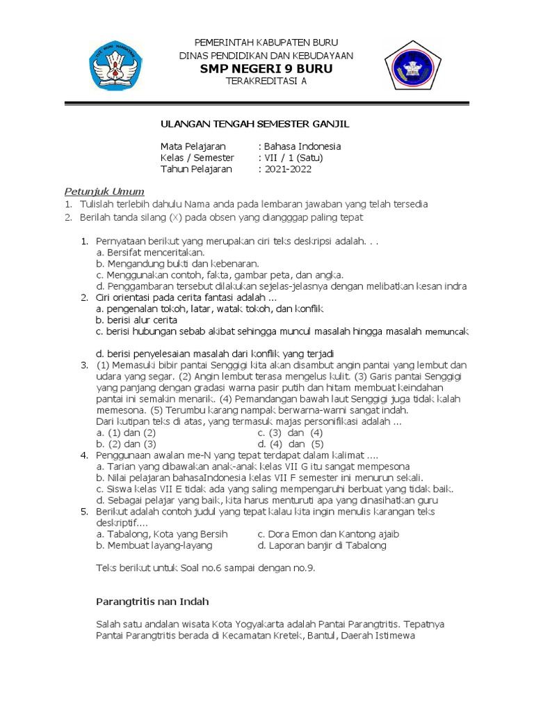 UTS NEW BINDO-2019-20-smt 1 KLS 7 | PDF