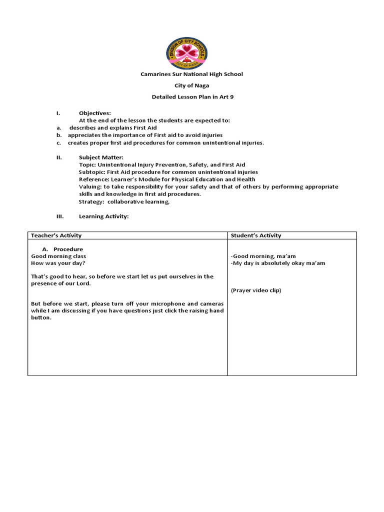 Grade 9 First Aid Lesson Plan | PDF | First Aid | Learning