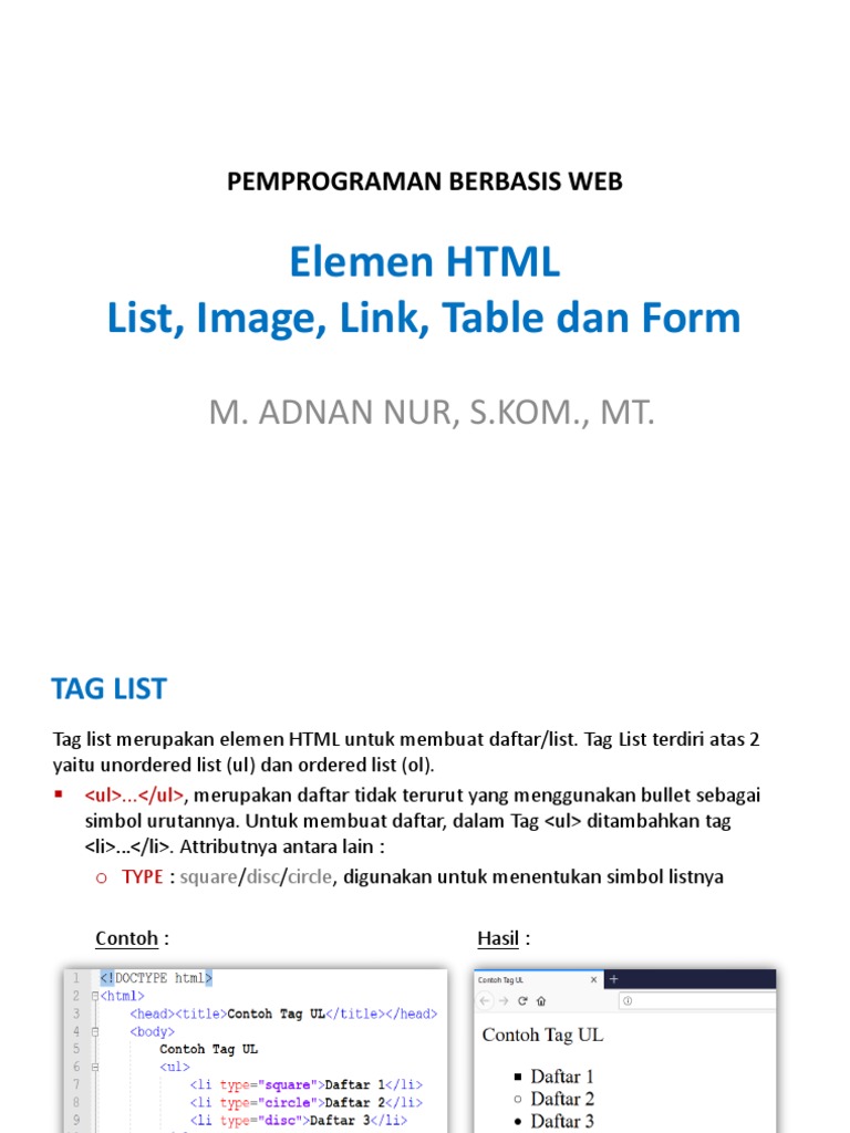 Elemen HTML List, Image, Link, Div, Table Dan Form | PDF