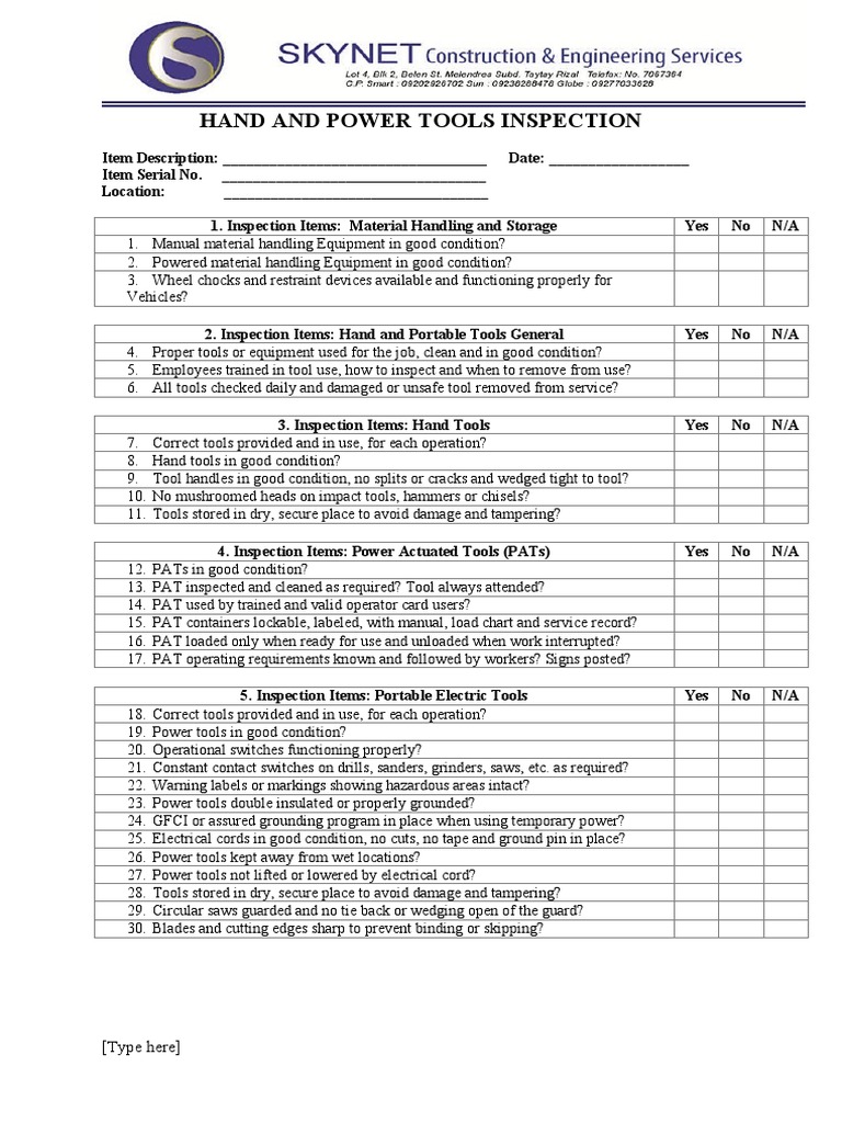 Hand and Power Tools Safety Inspection Checklist | PDF | Personal ...