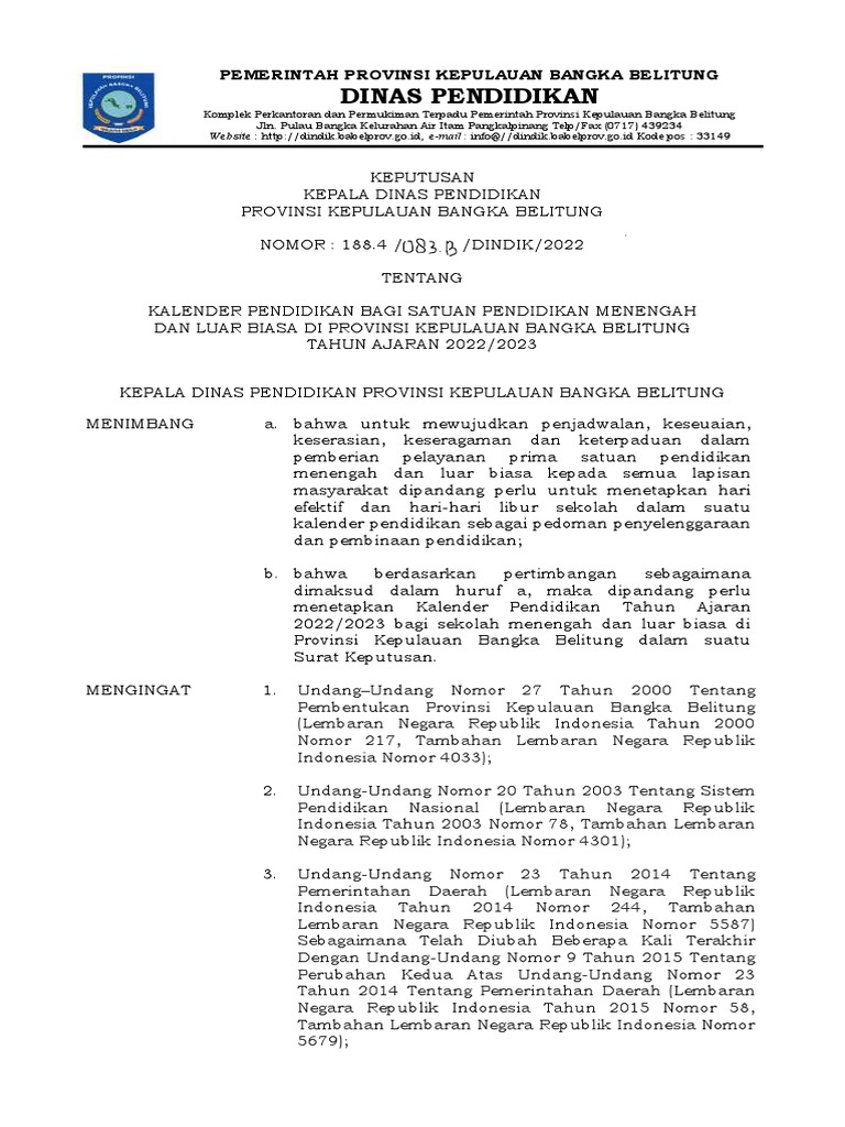 Kalender Dinas Pendidikan Final 2022,2023 | PDF
