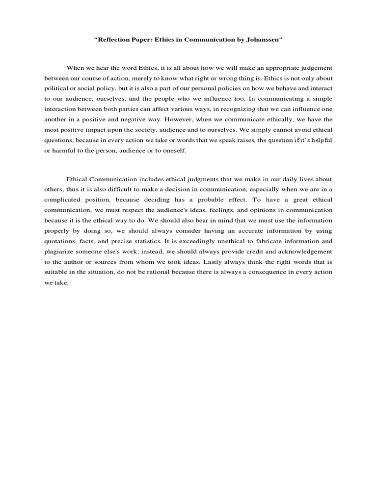 Reflection Paper: Ethics in Communication by Johanssen | PDF