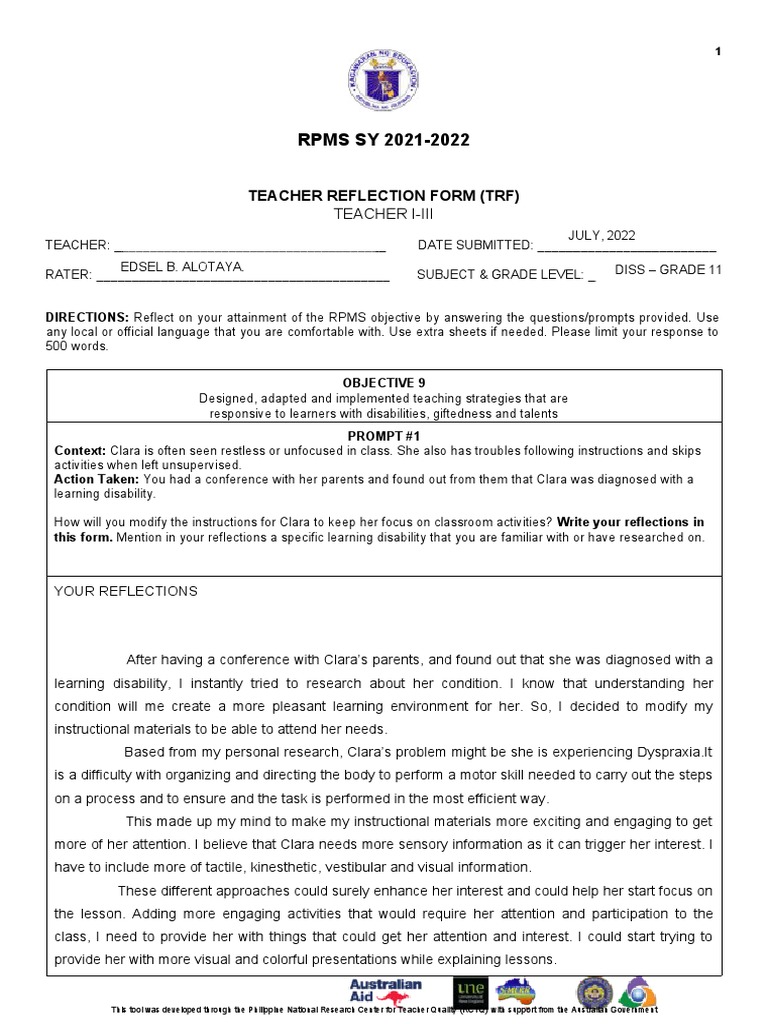 RPMS SY 2021-2022: Teacher Reflection Form (TRF) | PDF | Attention ...