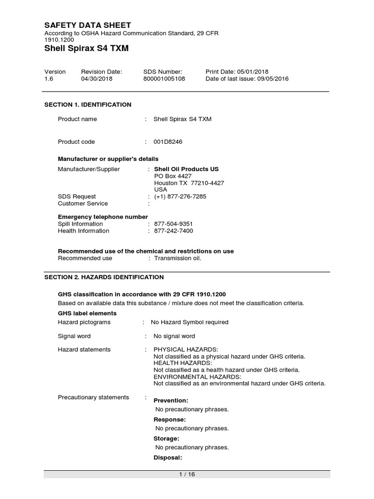 Shell Spirax S4 TXM: Safety Data Sheet | PDF | Working Conditions | Workplace