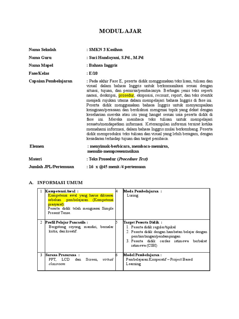 Modul Ajar Teks Prosedur SMP | PDF