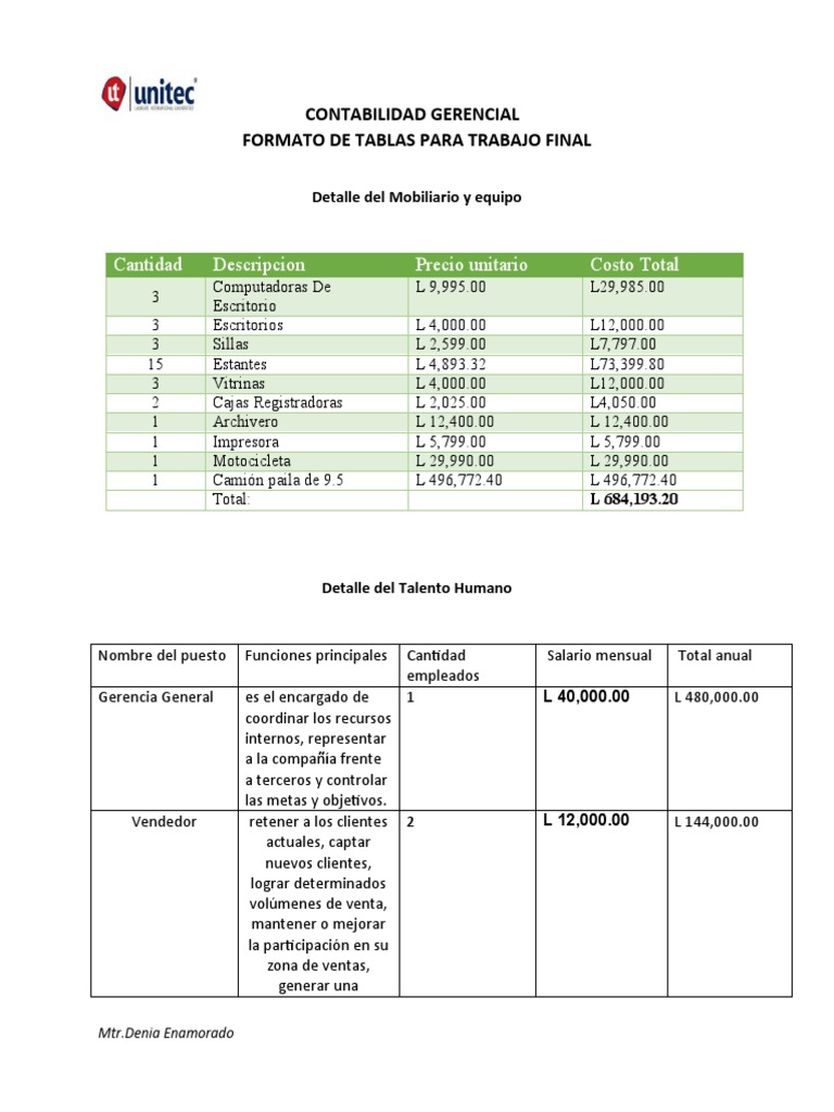 Formato de Tablas para Informe Proyecto | PDF | Salario | Contabilidad