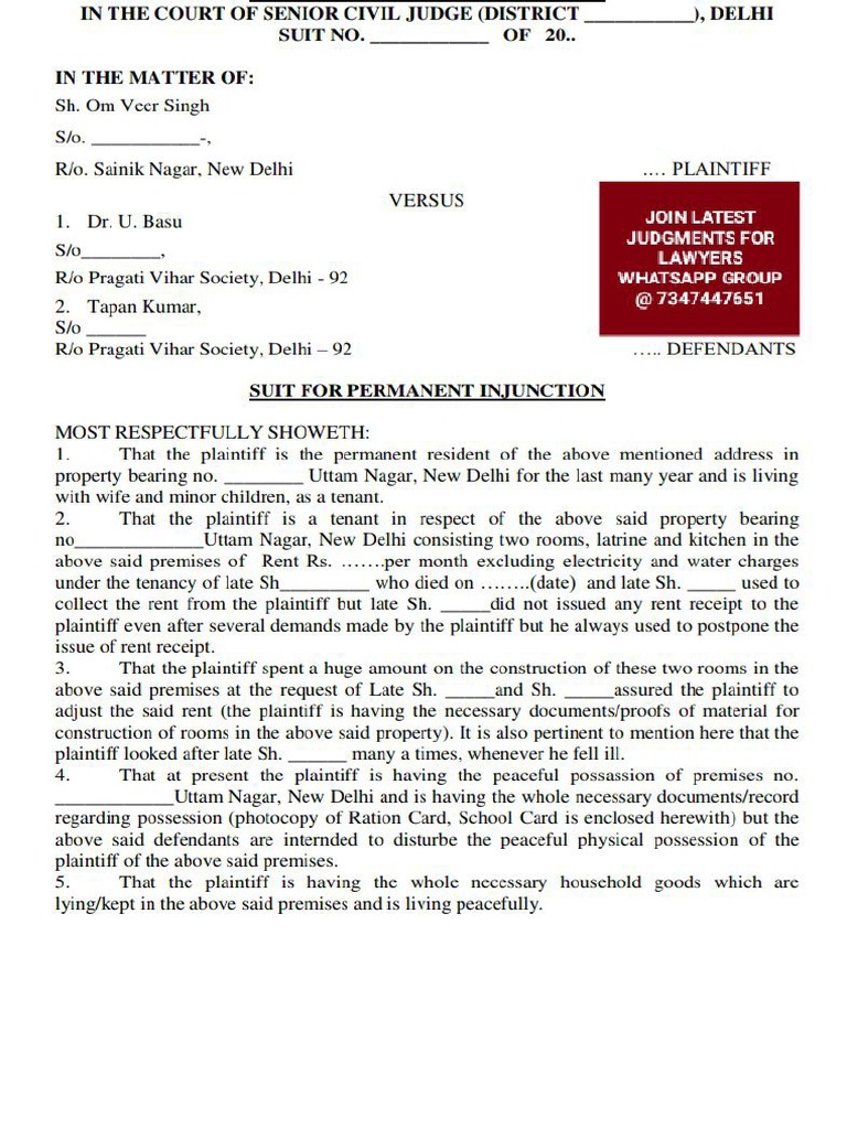 Format Suit For Permanent Injunction | PDF