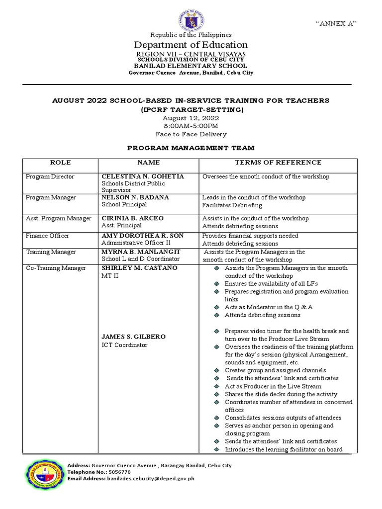 Department of Education: August 2022 School-Based In-Service Training ...