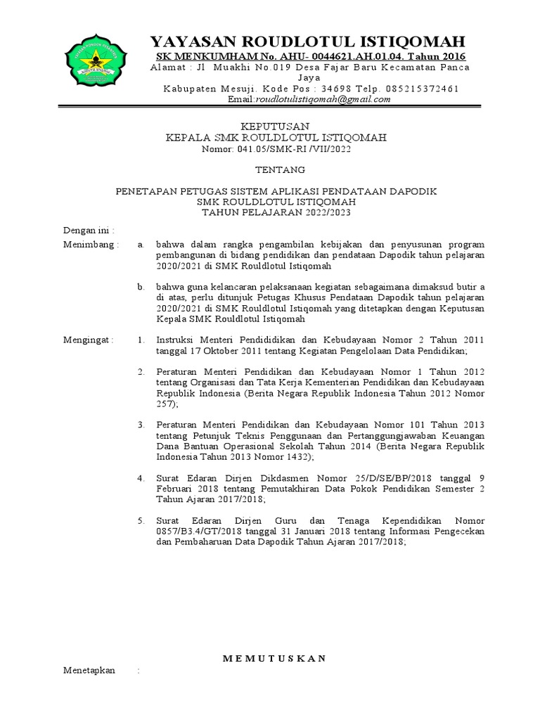 Contoh SK OPERATOR DAPODIK | PDF