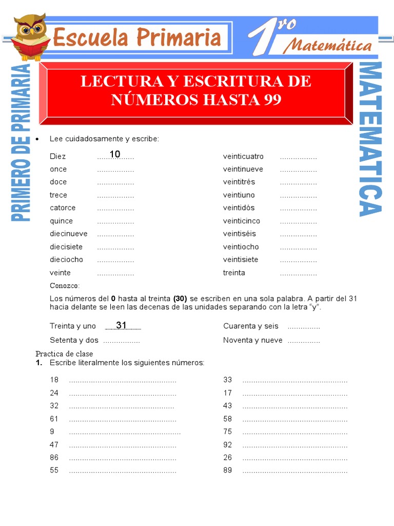 Lectura y Escritura de Números Hasta 99 para Primero de Primaria | PDF ...