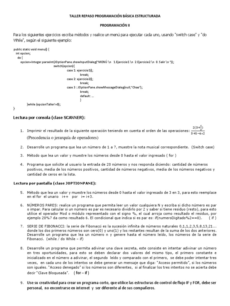 Taller Repaso PRG Básica Java-Netbeans PII | PDF | Informática | Programación de computadoras