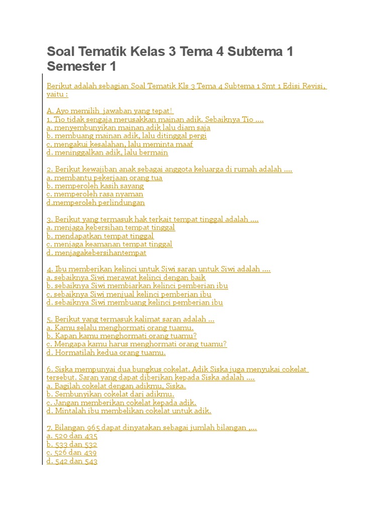Soal K13 Kelas 3 Tema 4 (Subtema 1,2,3,4) | PDF | Griya & Taman