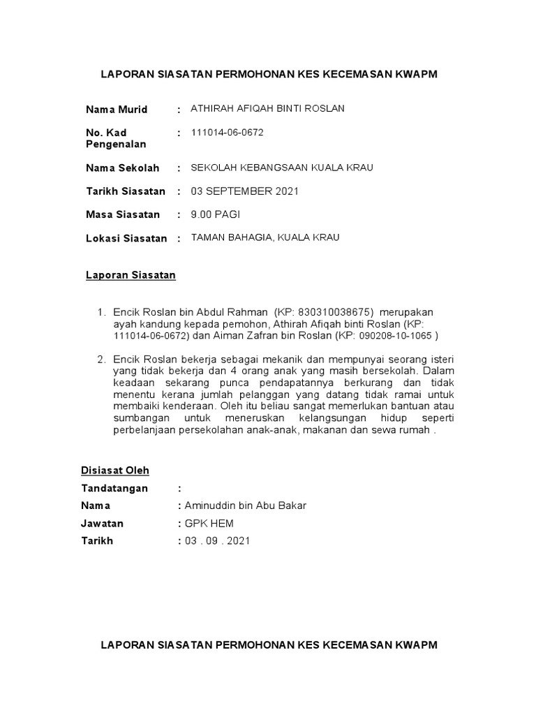 Laporan Siasatan Sekolah Kes Kecemasan Kwapm | PDF