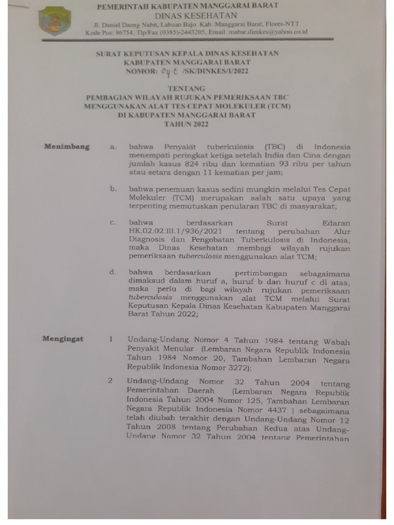 SK Pembagian Rujukan Pemeriksaan TBC Dengan Alat TCM | PDF