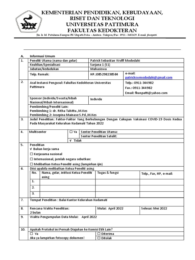 Formulir Etik Patrick S W Mododahi 201783083 Pdf Sains And Matematika