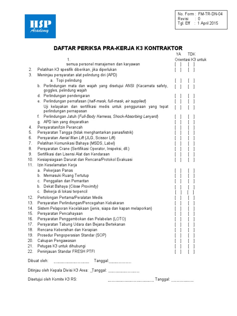 FORM 15. Daftar Periksa K3 Kontraktor | PDF