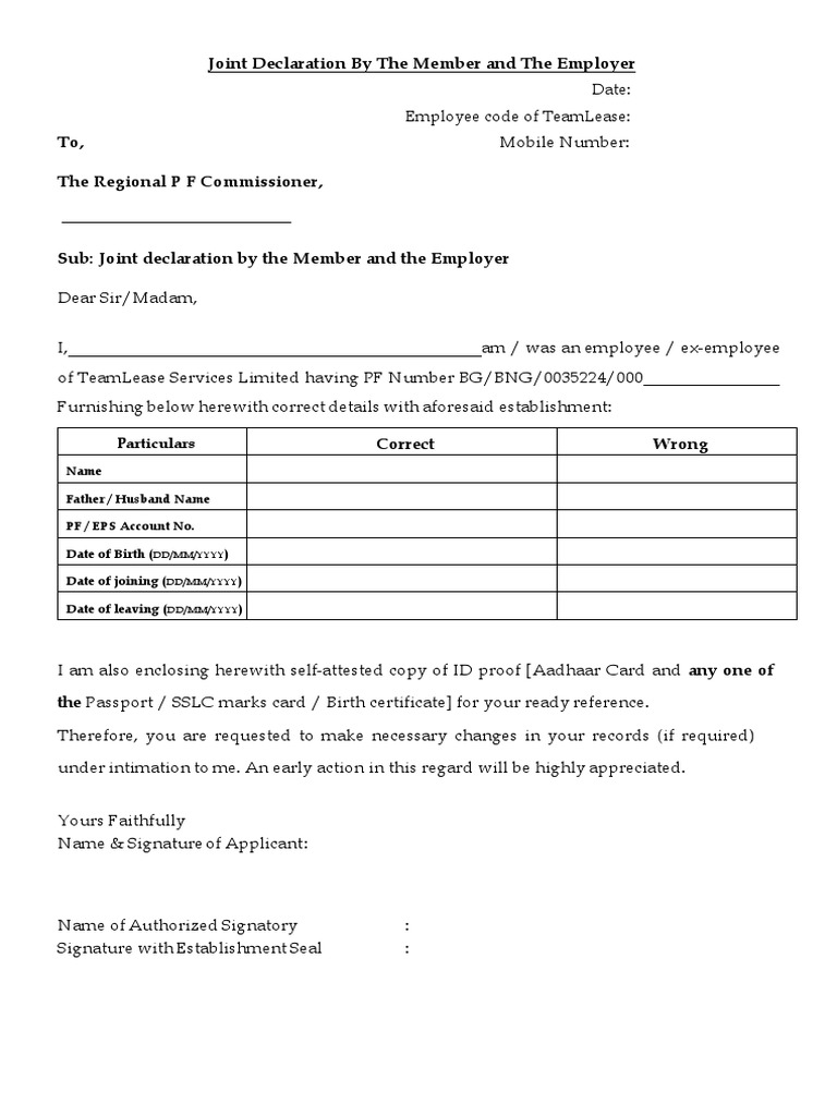 Joint Declaration by The Member and The Employer: Particulars | PDF