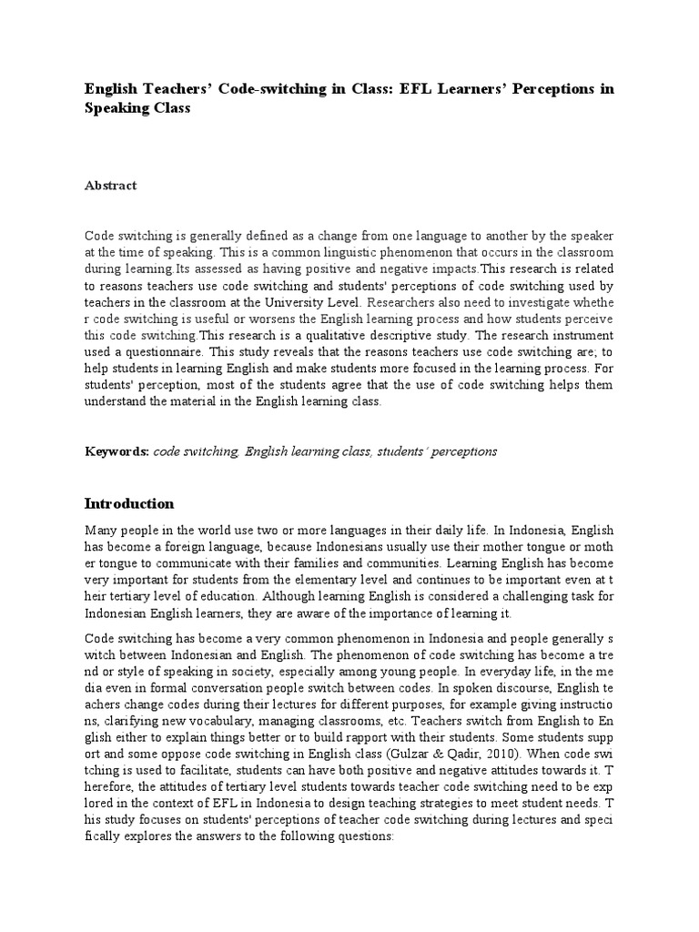English Teachers' Code-Switching in Class: EFL Learners' Perceptions in Speaking Class ...