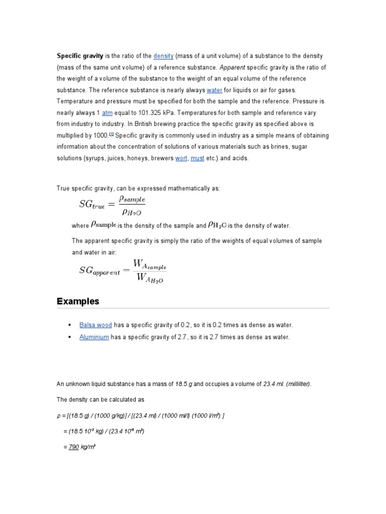 Specific Gravity Density Ratio Guide | PDF | Density | Mole (Unit)