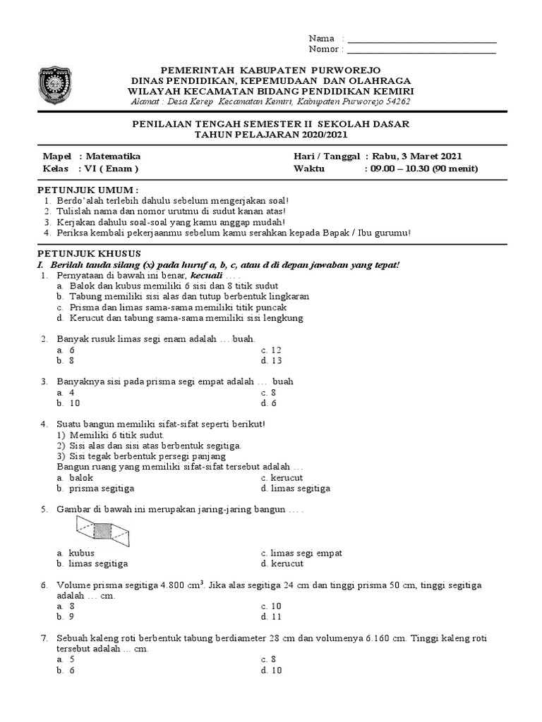 Soal PTS Matematika Kelas 6 SD | PDF | Metode & Bahan Ajar | Griya & Taman