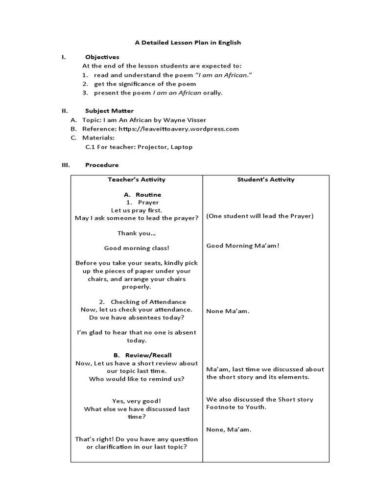 A - Detailed - Lesson - Plan - in - English About I Am African Child ...