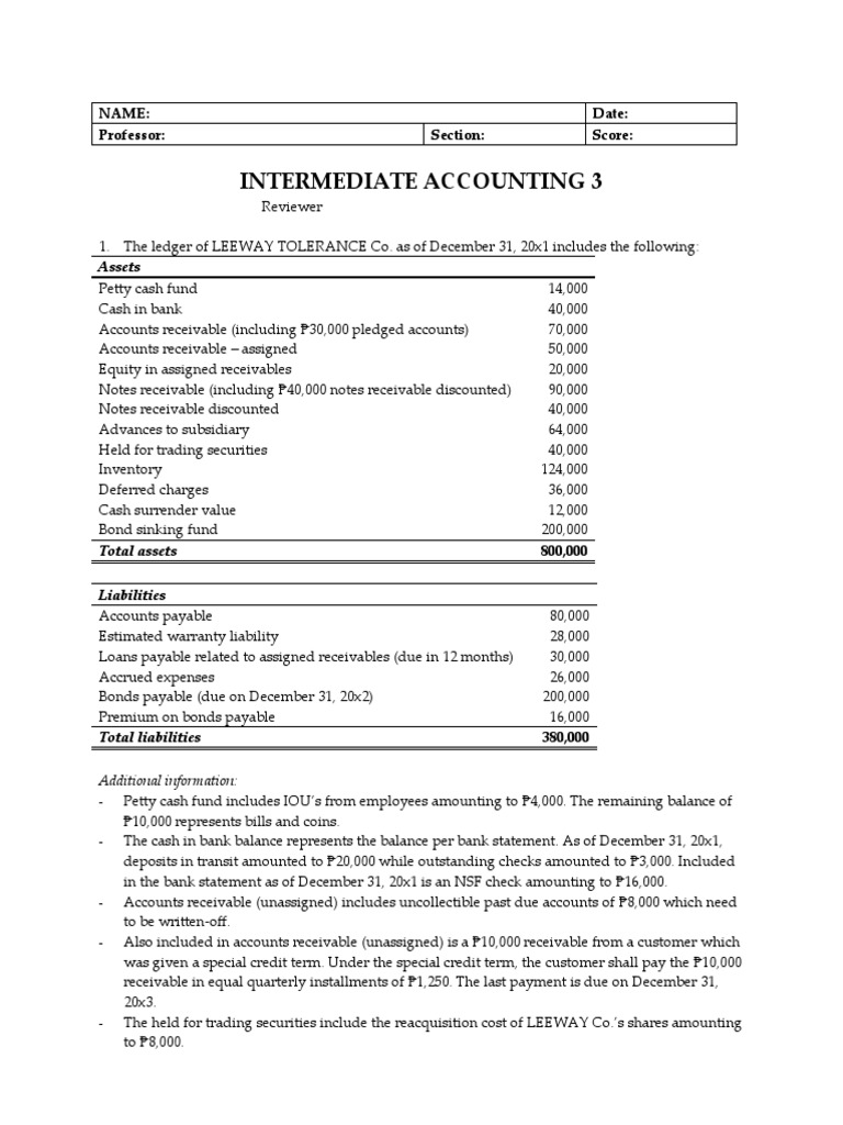 Intermediate Accounting 3: Name: Date: Professor: Section: Score | PDF ...
