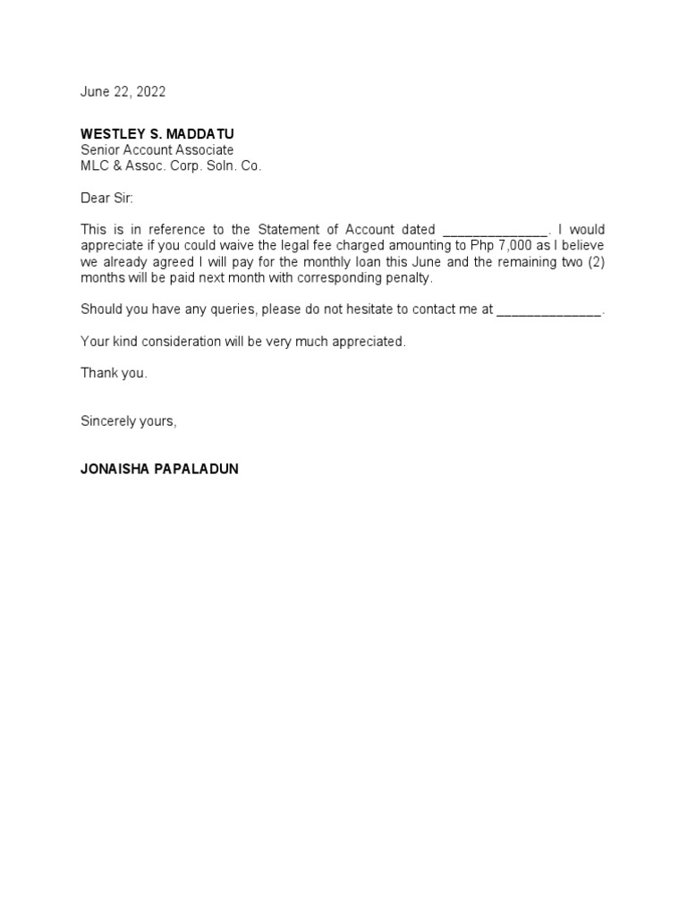 Waiver of Legal Fee Letter | PDF