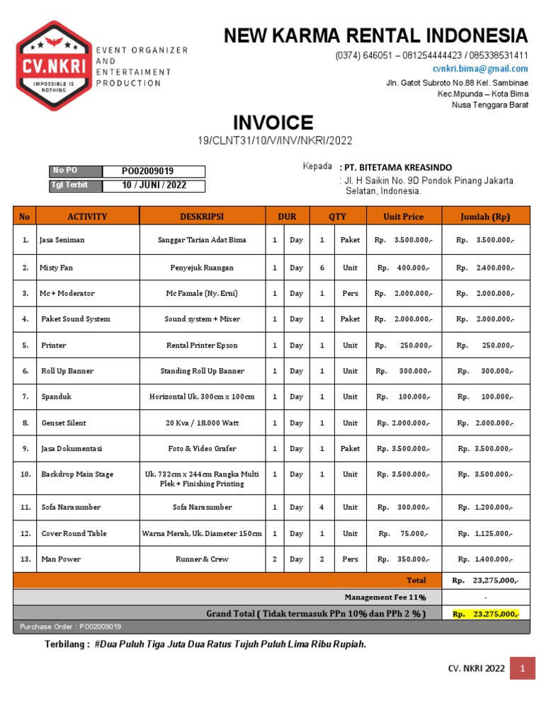 Invoice Jasa Rental CV. NKRI 2022 | PDF