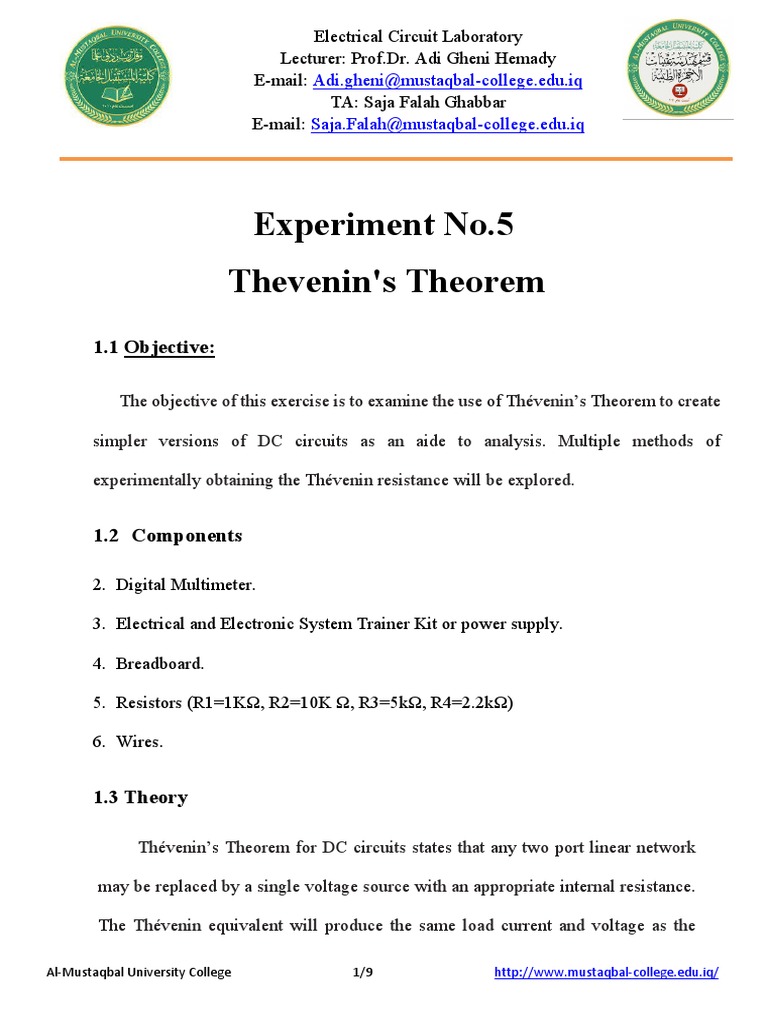Experiment No.5 Thevenin's Theorem: 1.1 Objective | PDF | Electrical ...