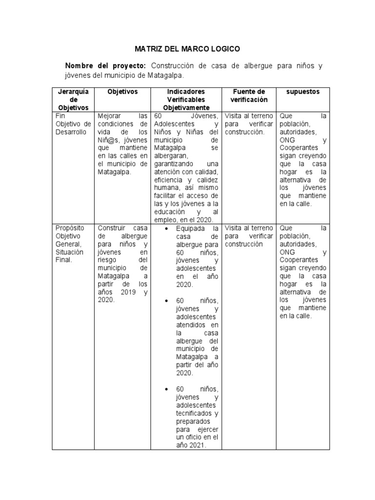 MATRIZ DEL MARCO LOGICO Tarea A Entregar | PDF