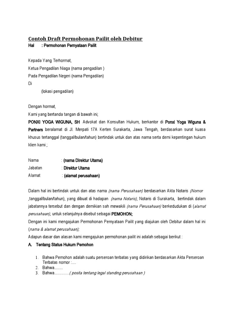 Contoh Draft Permohonan Pailit Oleh Debitur | PDF