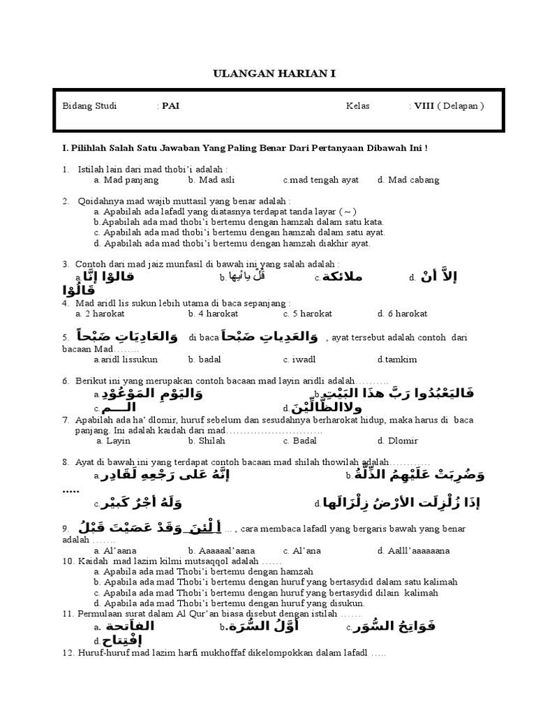 Soal Tajwid Kelas 8doc PDF Free 1 | PDF