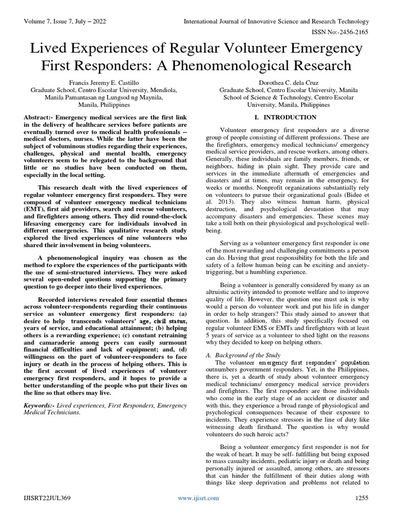 Lived Experiences of Regular Volunteer Emergency First Responders A ...