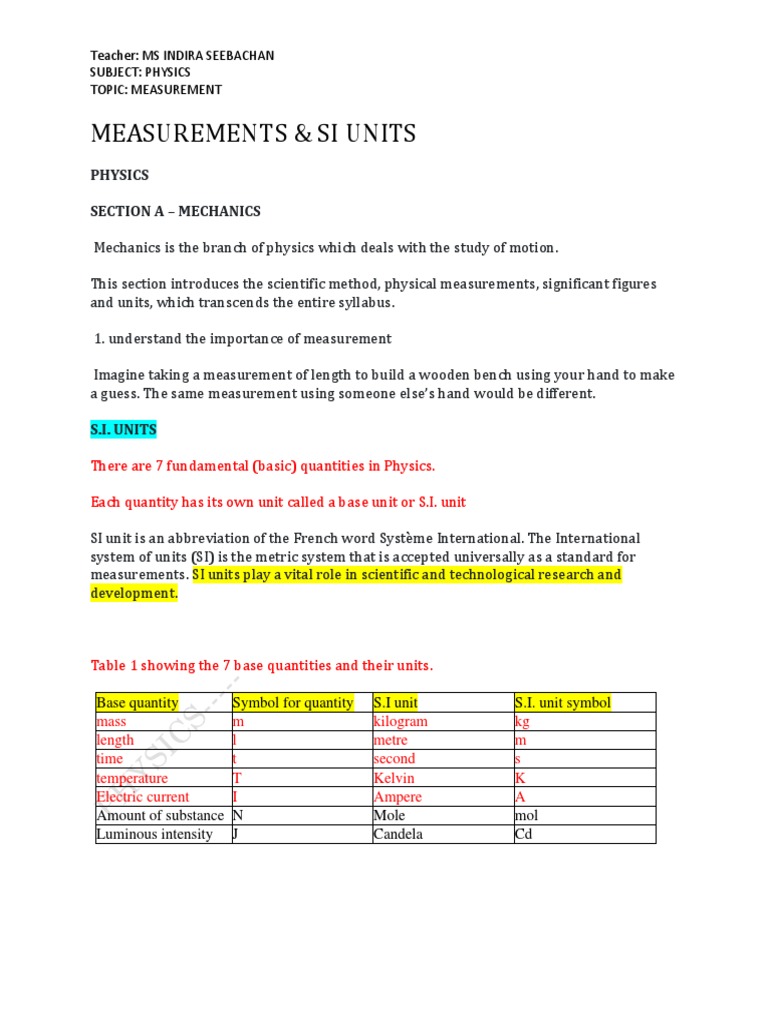 Measurements & Si Units: Physics Section A - Mechanics | Download Free ...