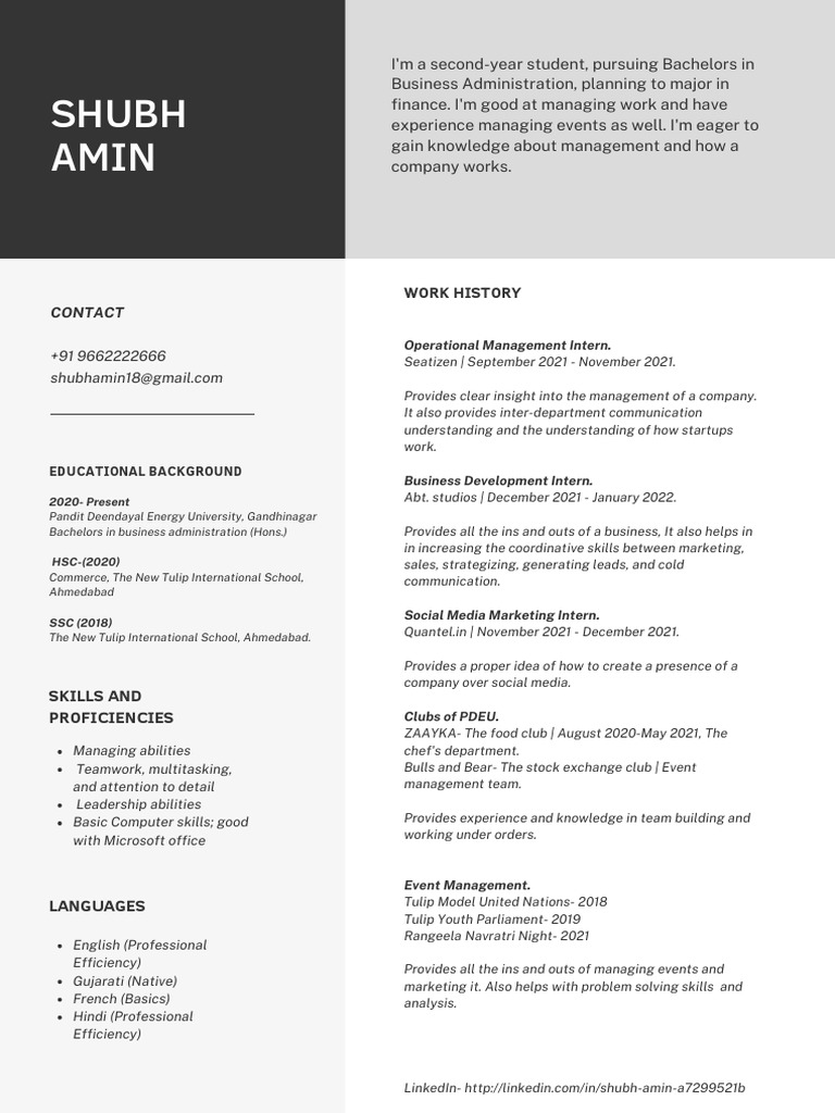 Shubh Amin's Resume | Download Free PDF | Cognition | Cognitive Science